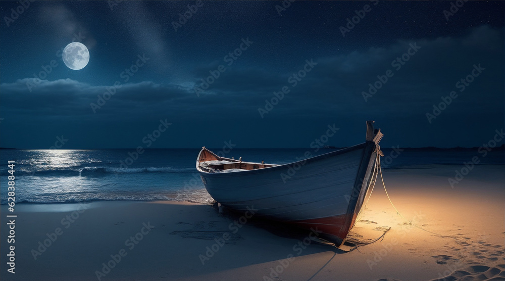 ภาพประกอบสต็อก Boat on the beach in the night wallpaper background ...