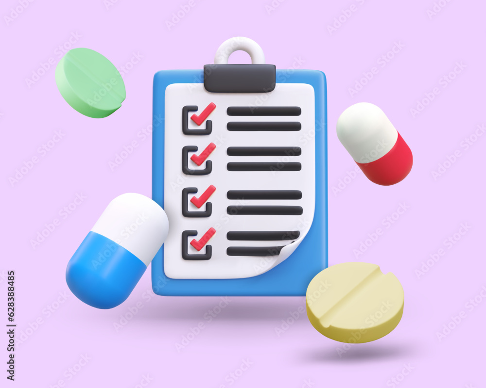 3D clipboard, pills. List of medications to be taken. Notes on ...