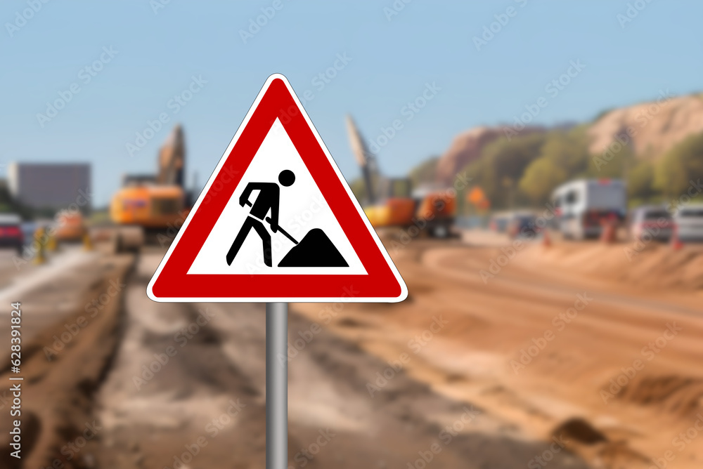 Verkehrsschild Baustelle und Bau einer Straße Stock Photo | Adobe Stock