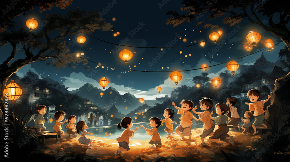 A joyful scene of children playing traditional games under the ...