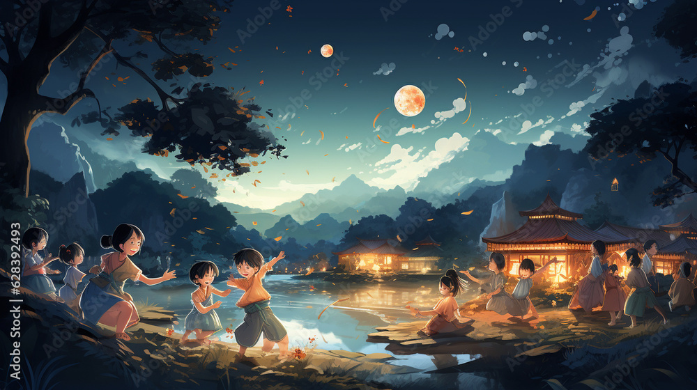 A joyful scene of children playing traditional games under the ...