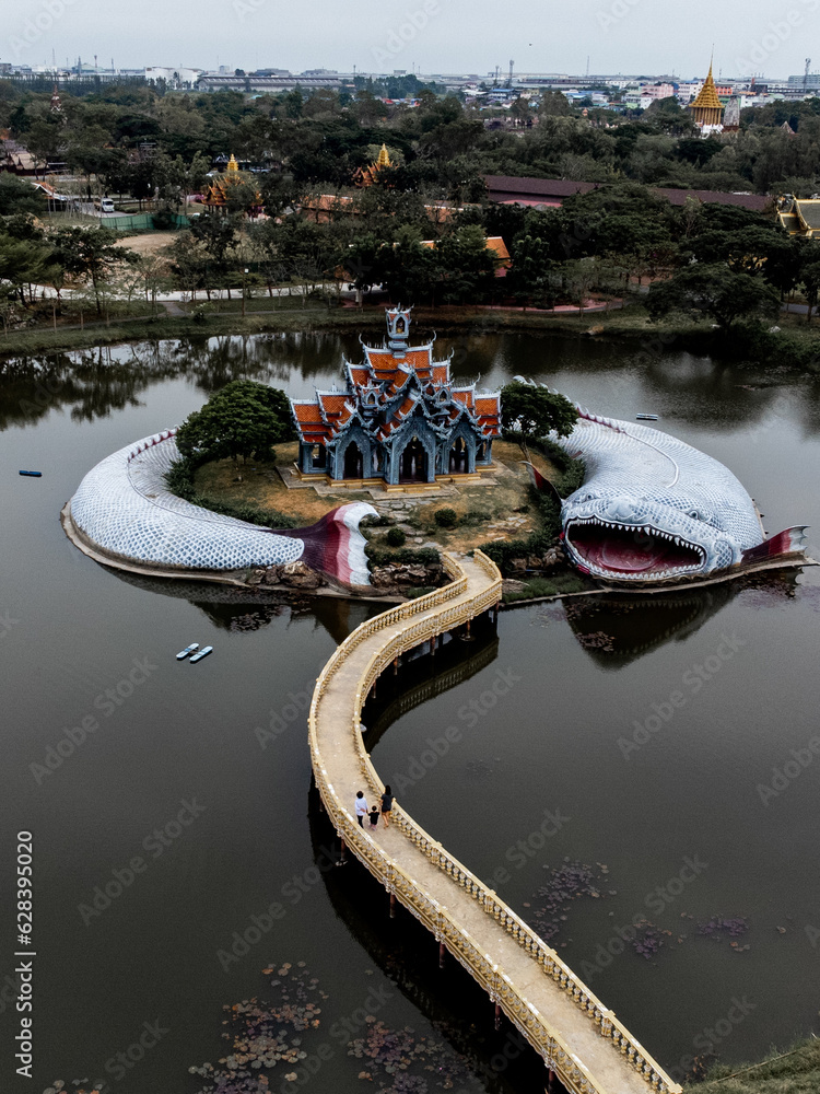 Aerial Ancient city Fish Temple in Bangkok Thailand, Ancient Siam ...