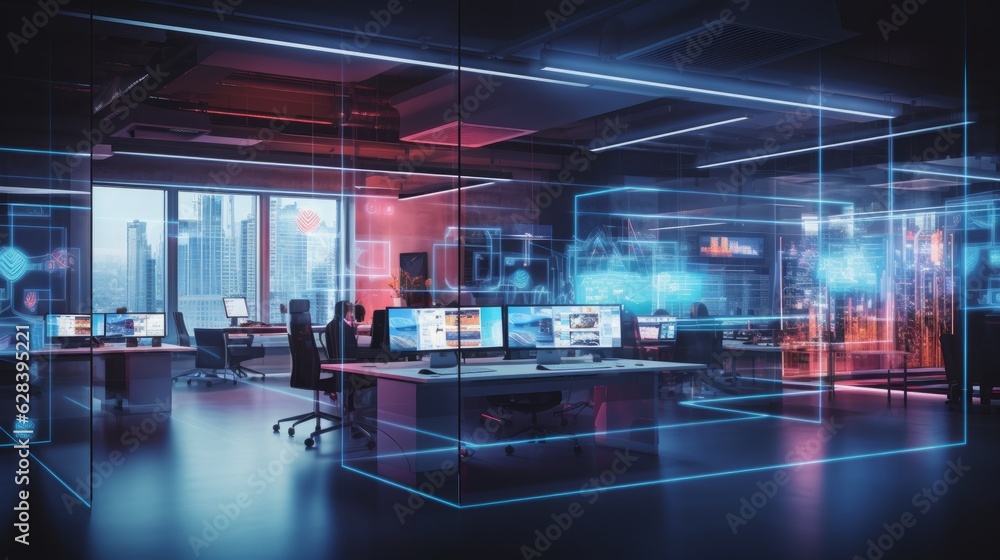 Modern neon cyberpunk open space office interior blurred with ...