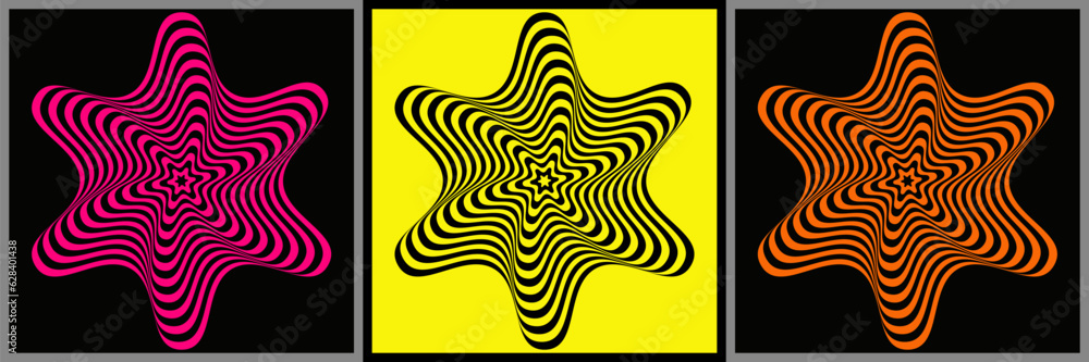 Optical illusion stars set. Pink, Black and orange stars with optical ...
