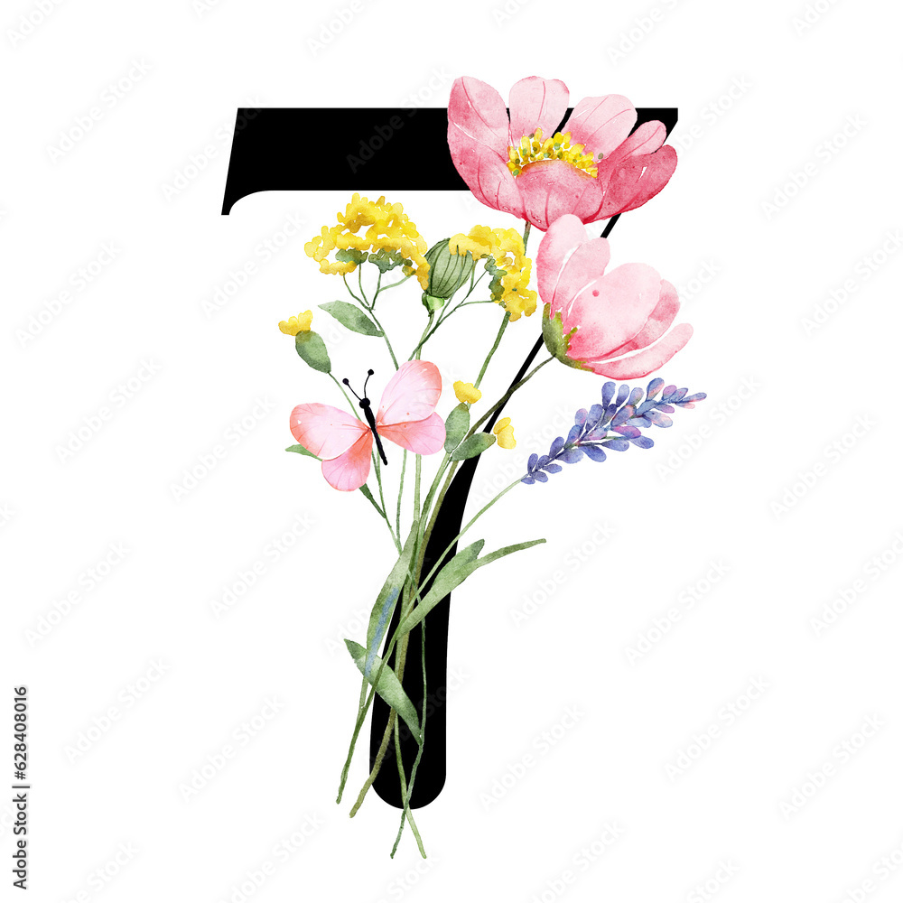 Number 7, seven with watercolor flowers hand painting. Perfectly for ...