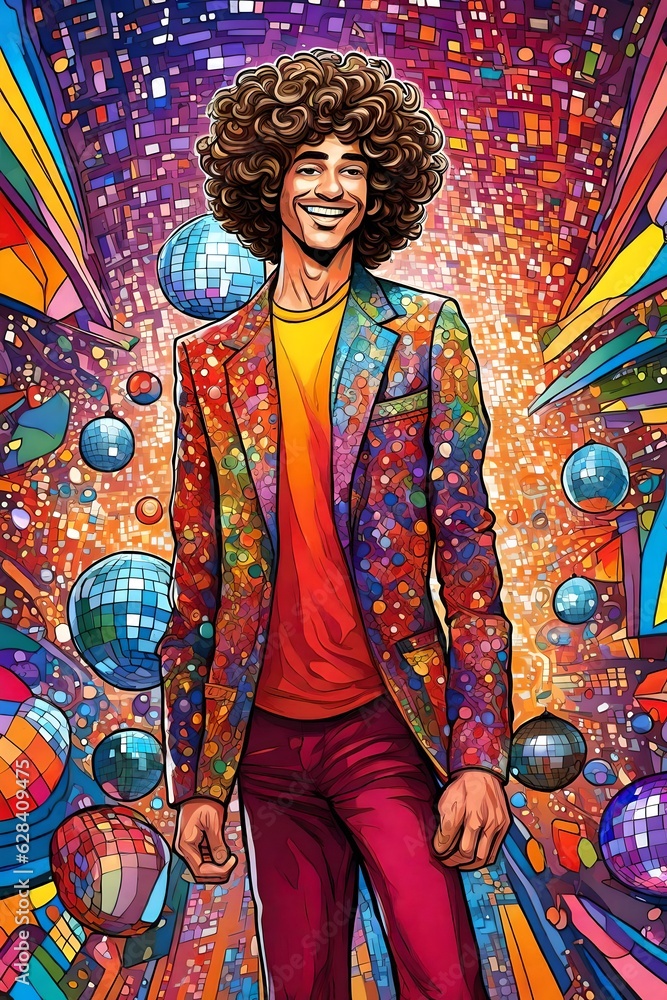 Cartoon illustration of a man from the 1970s disco era with a colorful ...