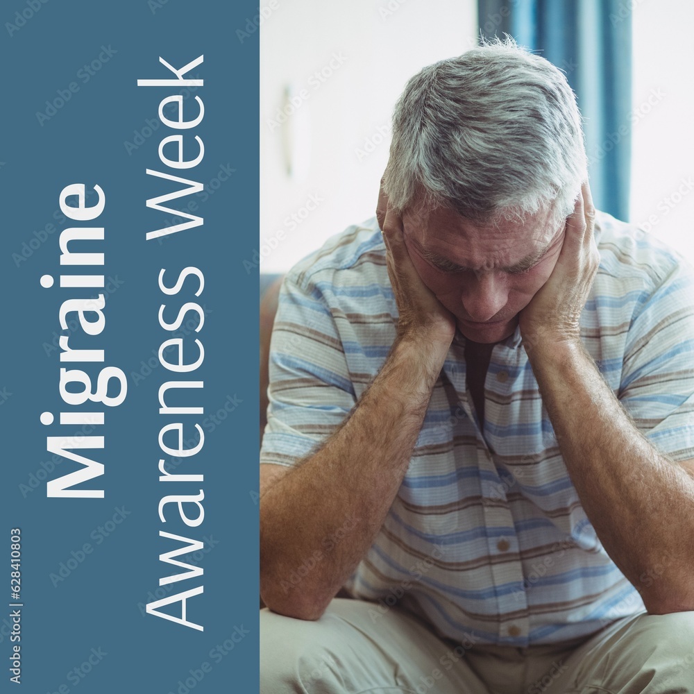 Migraine awareness week text in white on blue with senior caucasian man ...