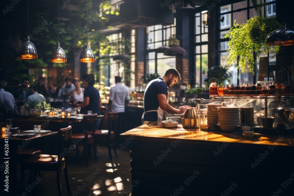 restaurant's ambiance with a bustling background. Diners savoring ...