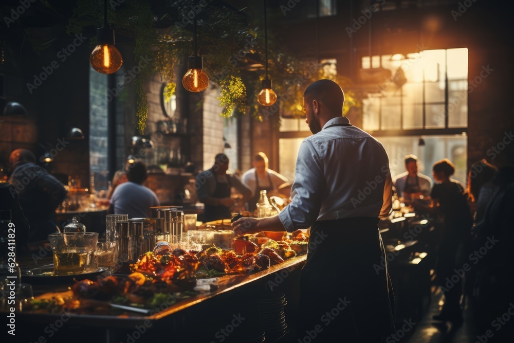 restaurant's ambiance with a bustling background. Diners savoring ...