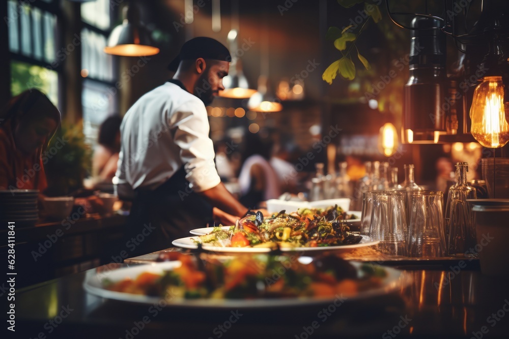 restaurant's ambiance with a bustling background. Diners savoring ...