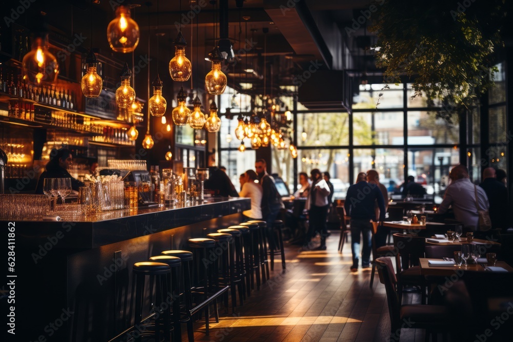 restaurant's ambiance with a bustling background. Diners savoring ...