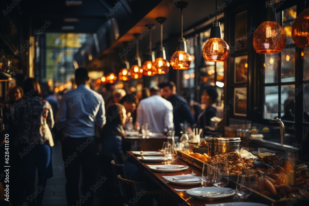 restaurant's ambiance with a bustling background. Diners savoring ...
