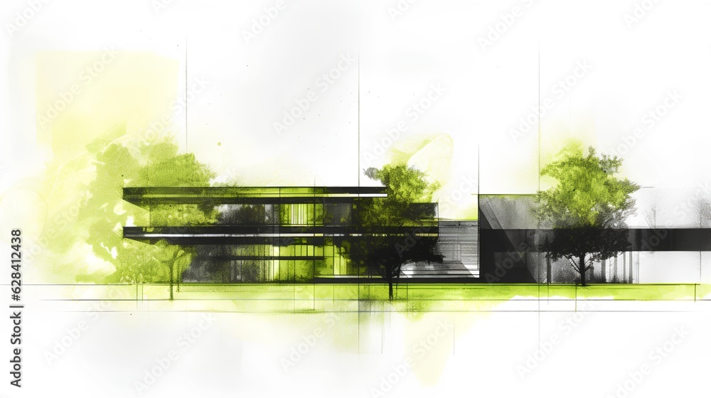 Green trees co-existing with residential buildings, illustrating an ...