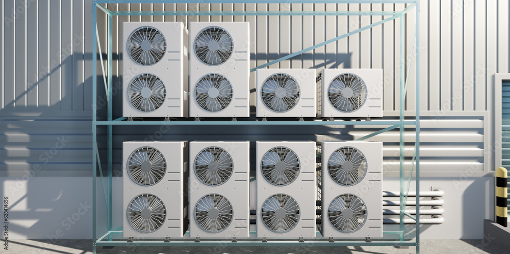 3d rendering of condenser unit or compressor outside factory plant ...