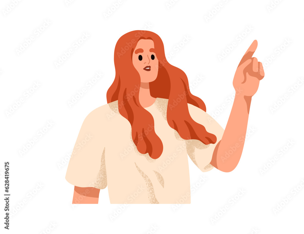 Woman pointing with index finger. Young girl showing, indicating ...