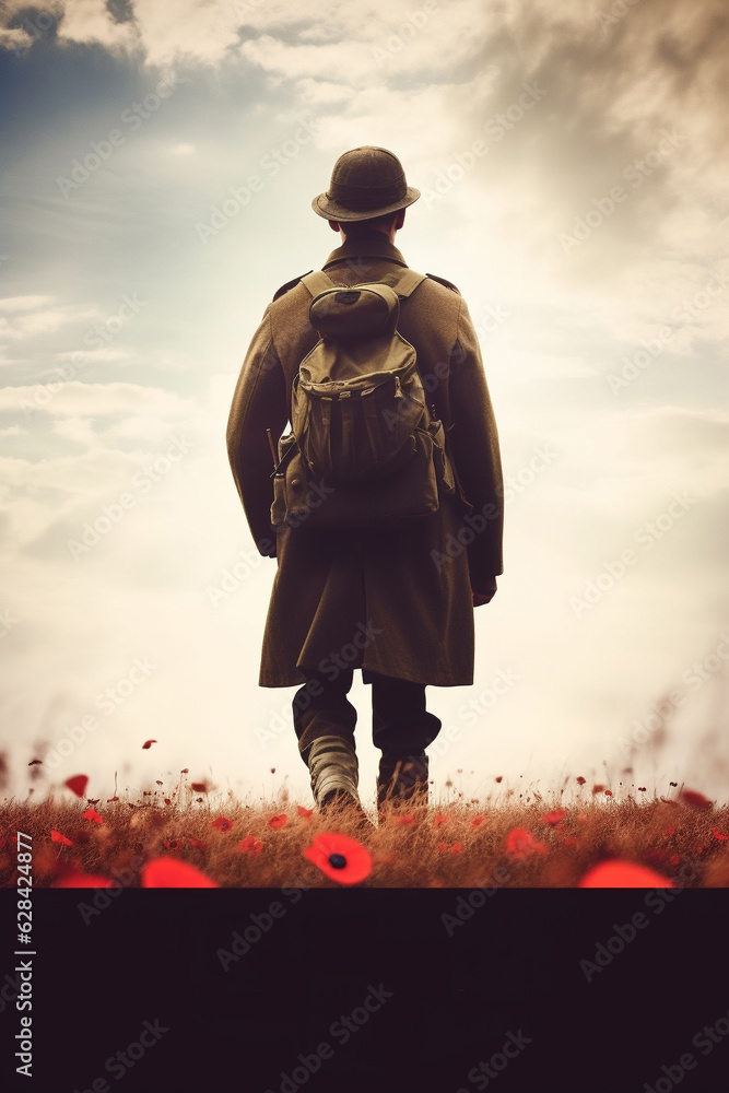 Remembrance Day bakground with World War One soldier and red poppy ...