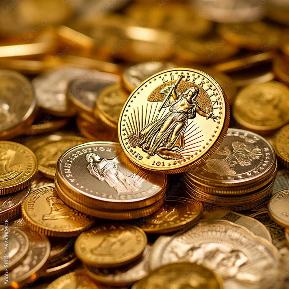 Shimmering Collection of Diverse Coins with Focus on a Prominent Golden ...