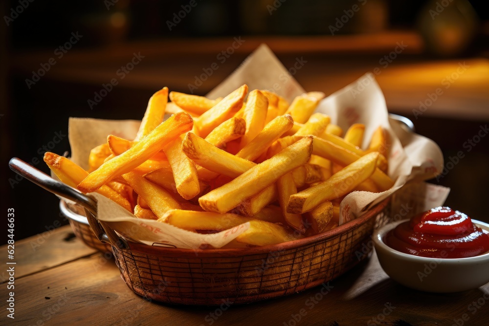 French fries close-up, fast food restaurant creative, fresh french ...