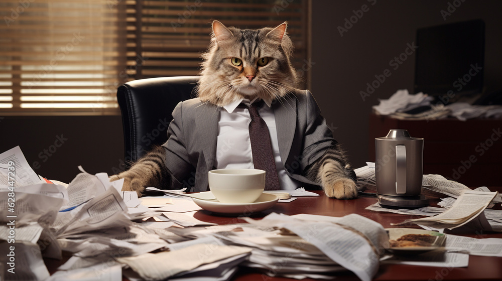 The amusing scene of a cat in business attire taking charge of a hectic ...
