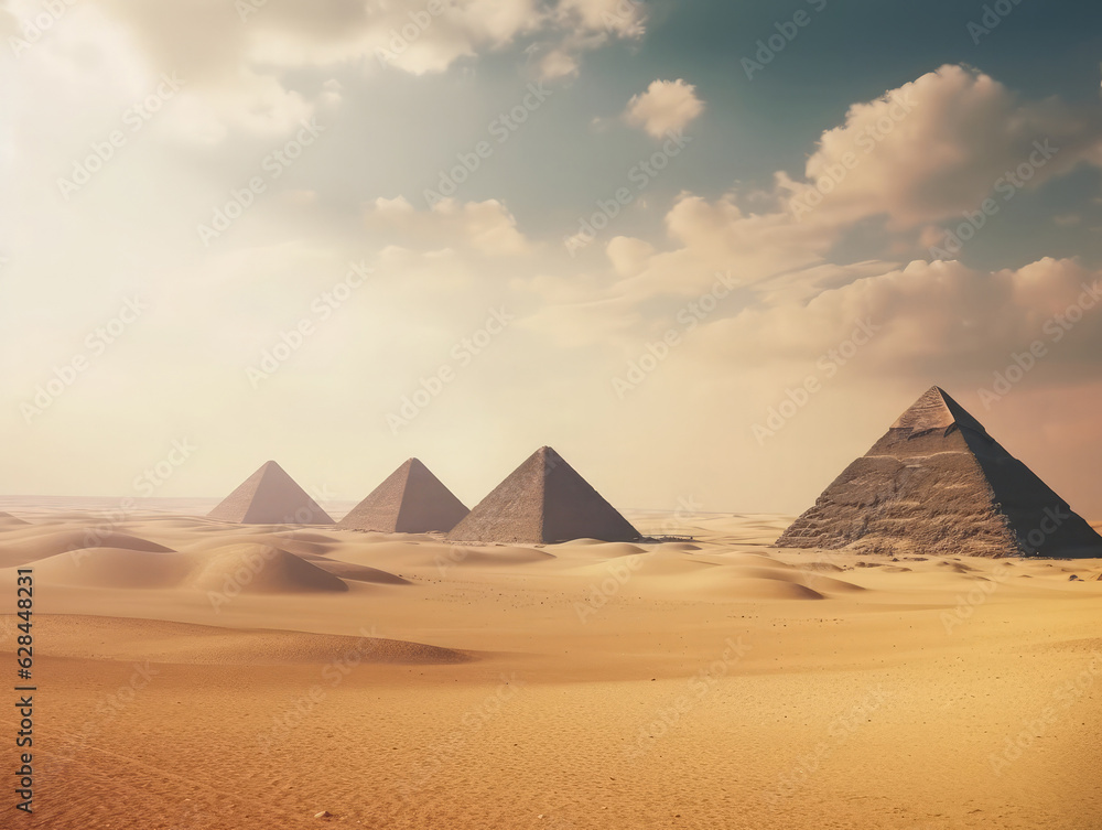 Egyptian landscape with pyramids in the desert. Archeology and travel ...