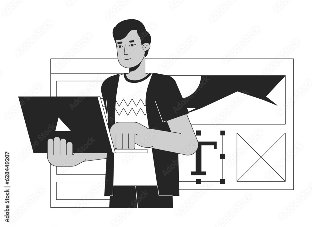 Indian Man Working On Laptop Bw Concept Vector Spot Illustration Ui Designer Remote Work 2d