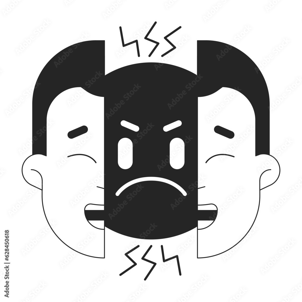 Two faced bw concept vector spot illustration. Hypocrite fake guy split ...