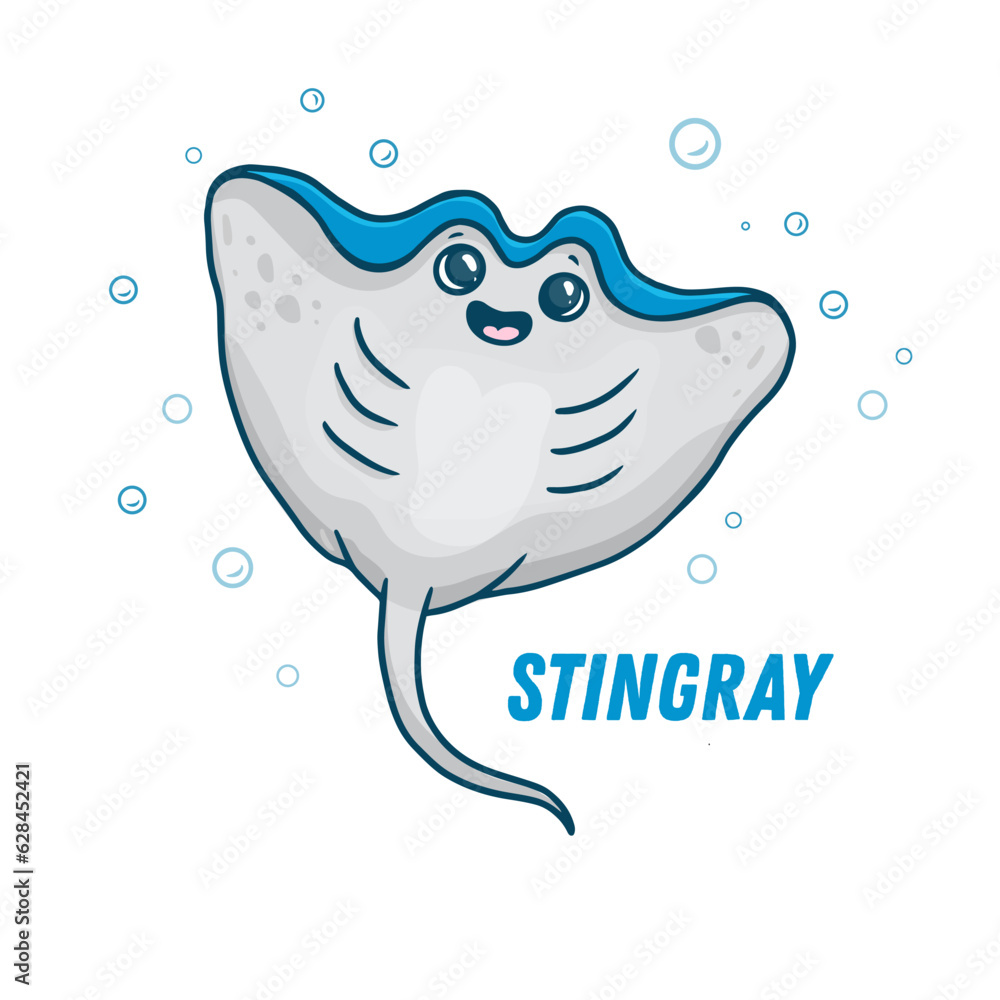 Cute cartoon stingray isolated on white background. Underwater animal ...