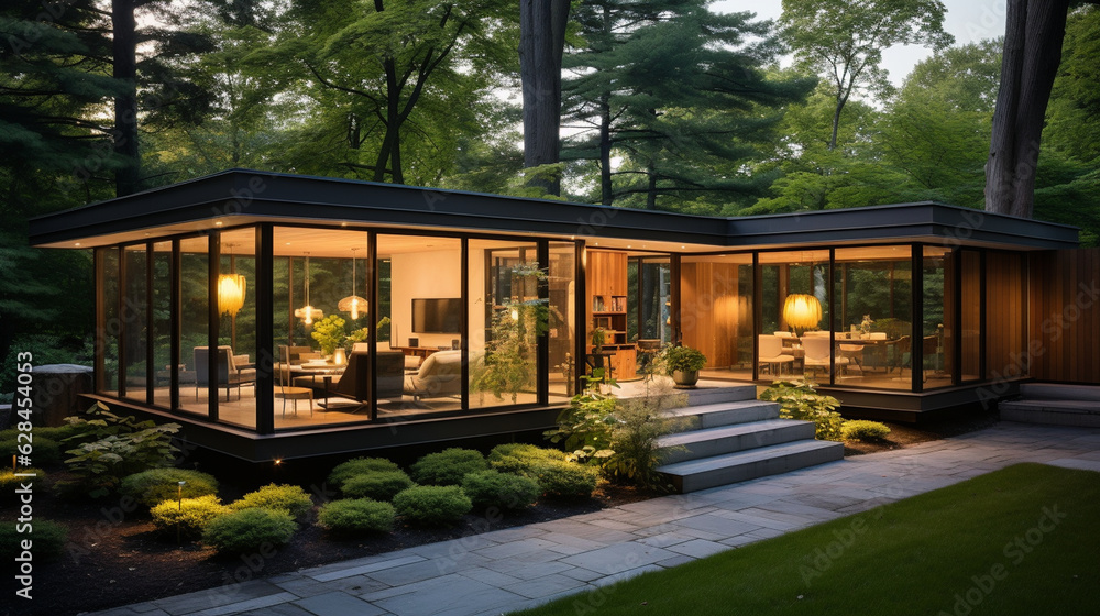 A mid-century modern house with a flat roof, clean lines, and large ...