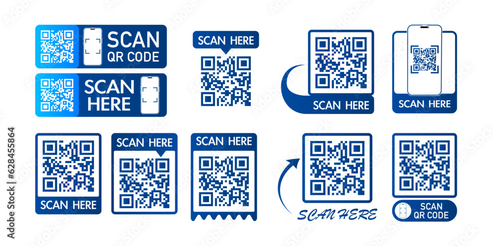 Collection of QR codes with inscription scan here with smart phone. Set ...