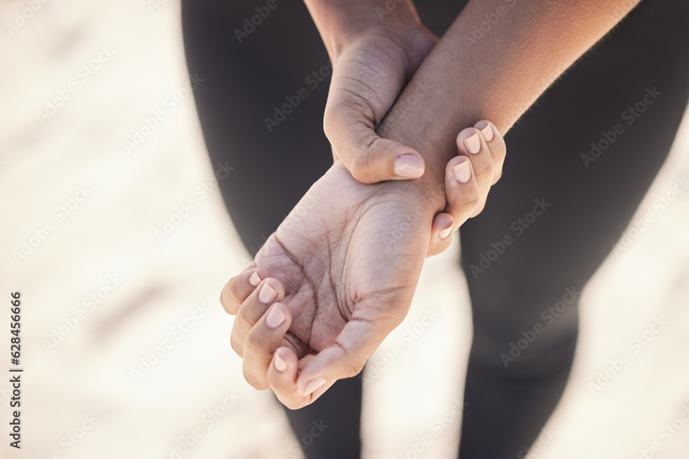 Sports, closeup and woman with a wrist injury, accident or sprain ...