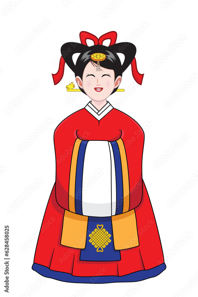 Cute Korean lady or teen costume in red traditional dress ceremonial ...