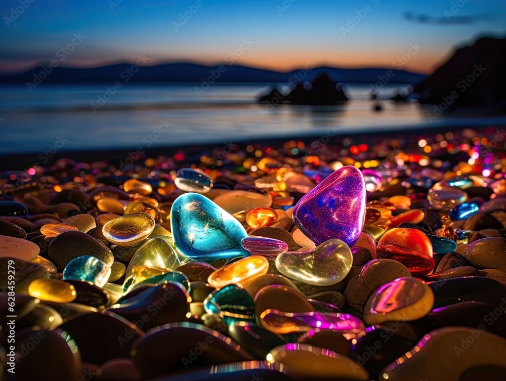 Colorful neon fluorescent pebbles on a sea beach at night. Vibrant neon ...