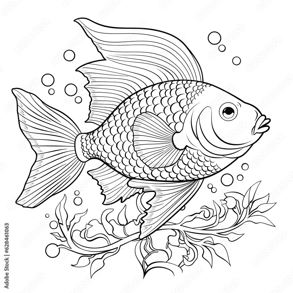 Coloring page for kids of fish, clean lines, no shadows isolated on ...