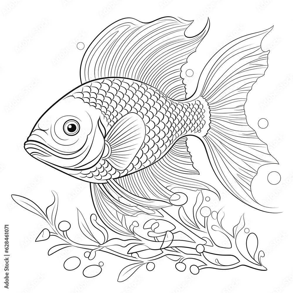 Coloring page for kids of fish, clean lines, no shadows isolated on ...