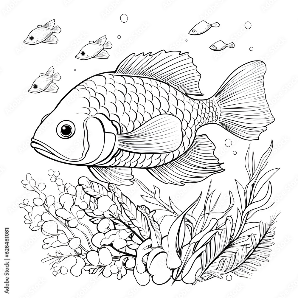 Coloring page for kids of fish, clean lines, no shadows isolated on ...