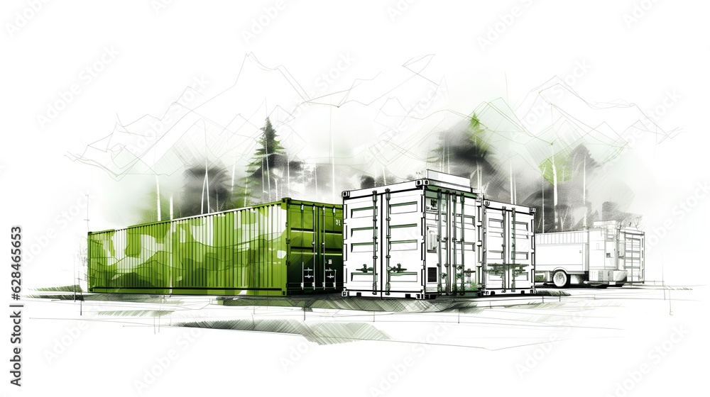 Grid energy storage containers visualized in a concept sketch in green ...