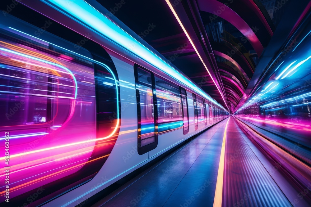 Fast underground subway train racing through the tunnels. Neon pink and ...