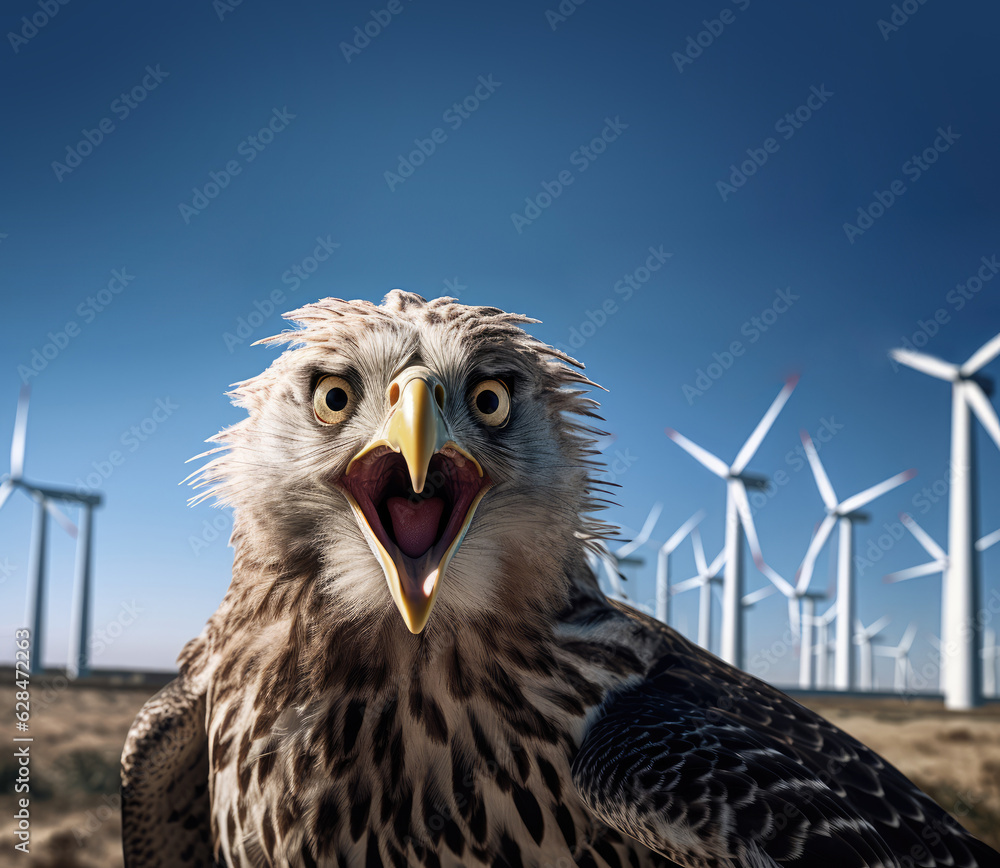 Green deal dangers - cute scared eagle bird crying with big park of ...