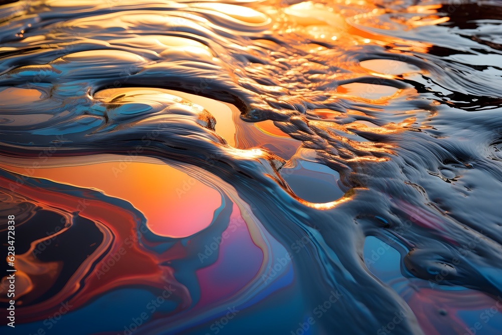 An oil slick ominously spreading on the surface of water, a potent ...