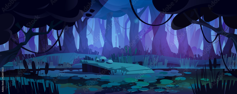 Spooky night forest landscape with swamp. Vector cartoon illustration ...