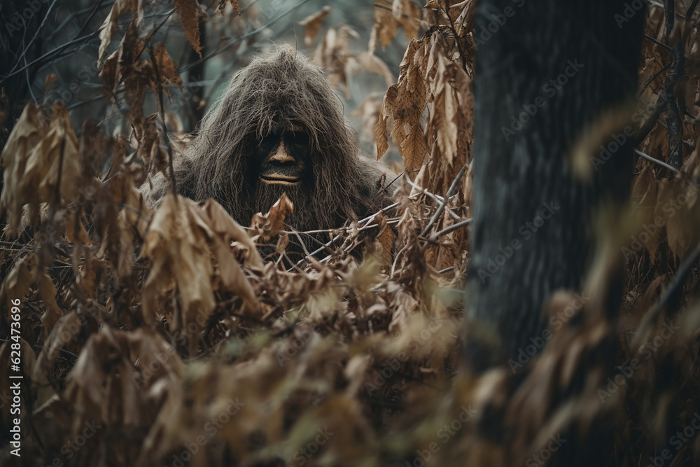A Bigfoot creature hiding behind leaves peaking out. Sasquatch hidden in camouflage with the ...