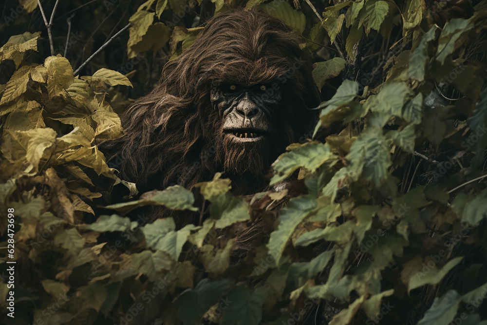 A Bigfoot creature hiding behind leaves peaking out. Sasquatch hidden ...
