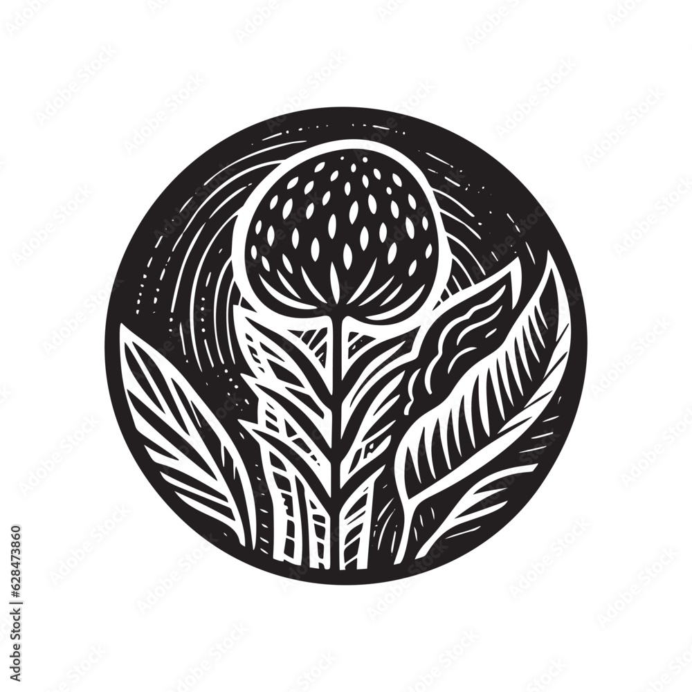 Nordic linocut floral in rustic circle motif for quirky print. Hand ...
