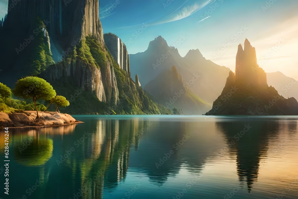 An otherworldly alien planet, with surreal floating islands suspended ...