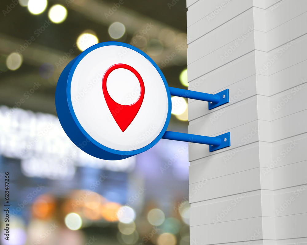 Map pin point location icon on hanging blue rounded signboard over blur ...