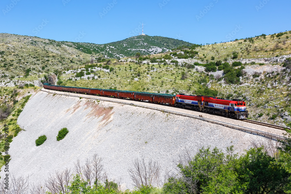Freight train of Croatian Railways Hrvatske Zeljeznice near Plano in ...