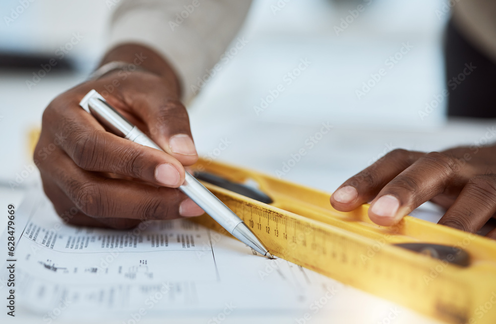 Hands, architecture blueprint and ruler with pen for drawing process ...