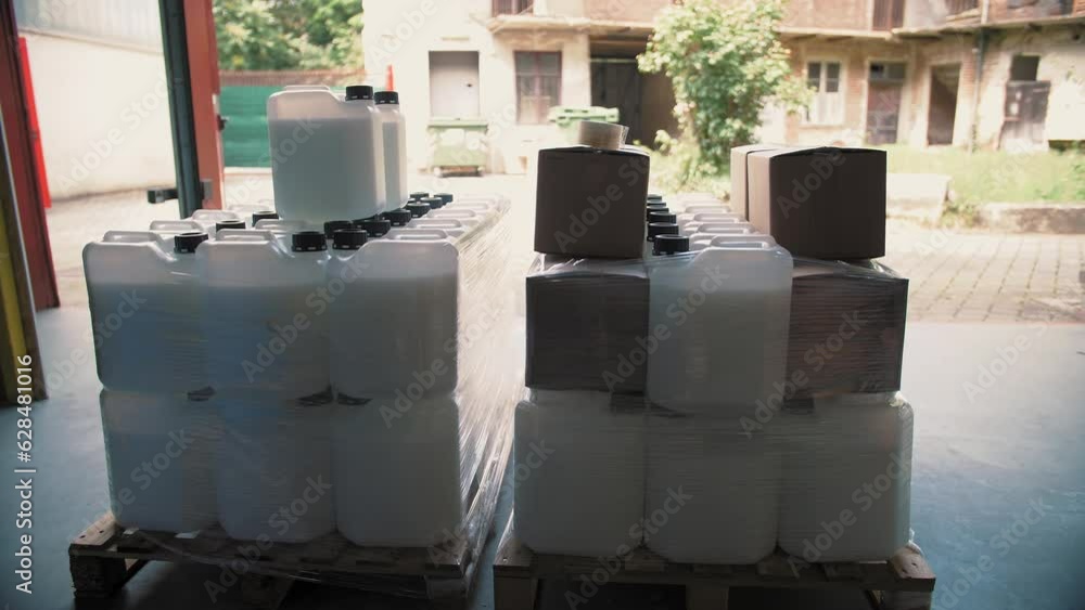 Warehouse of chemical products. Packaging. Empty cartons. Large plastic ...