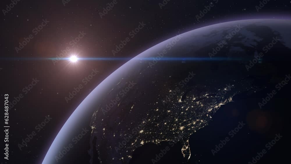 Animation of beautiful sunrise, satellite view from space. Earth at ...