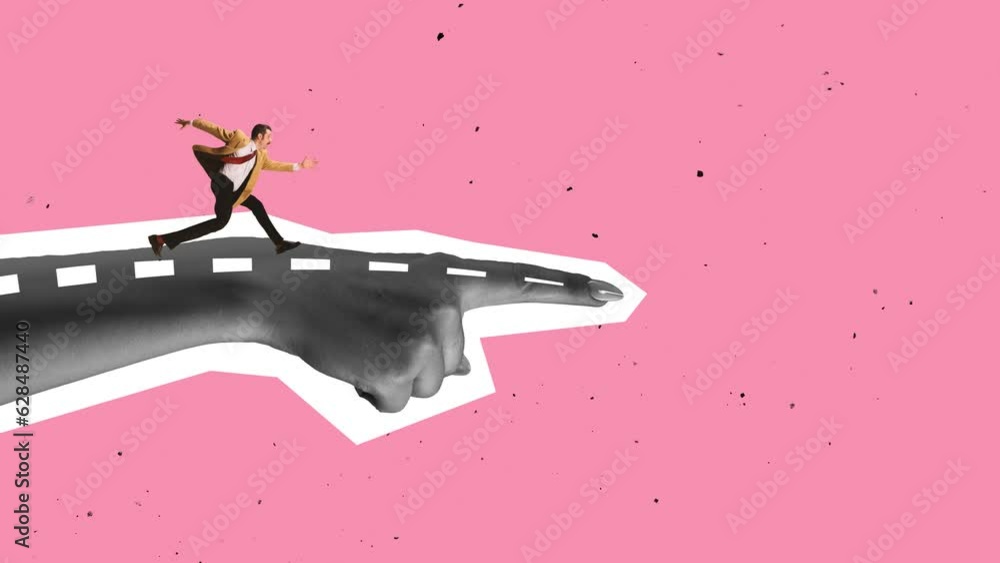 Creative collage. Businessman running forward to success. Hand showing ...